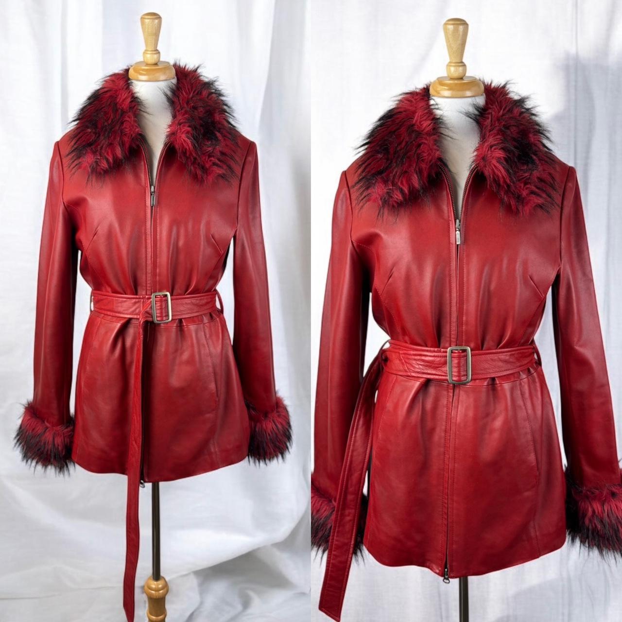 Red Leather Y2K Penny Lane Jacket Coat Faux Fur... - Depop