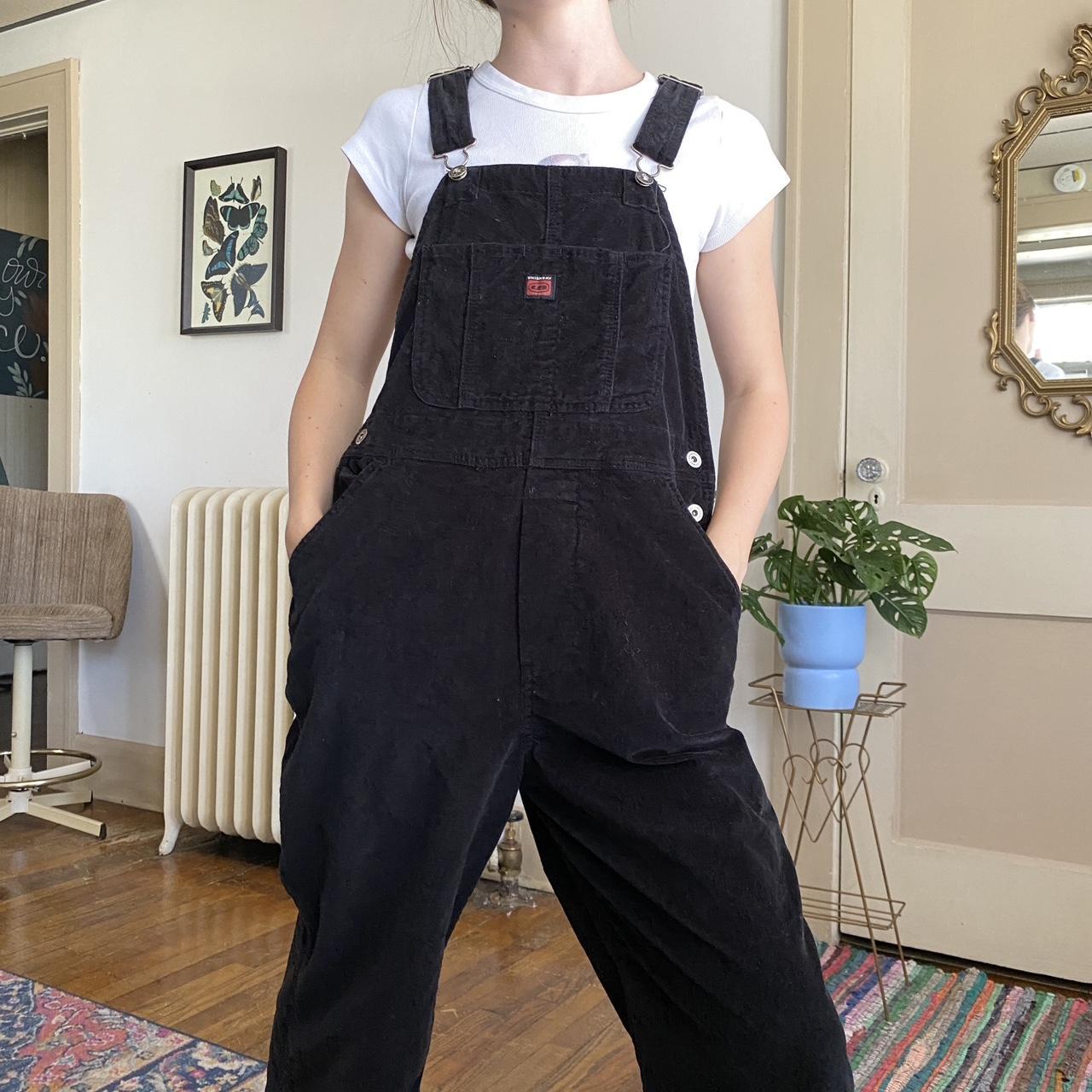 Vintage soft velvety denim overalls in jet black.... - Depop