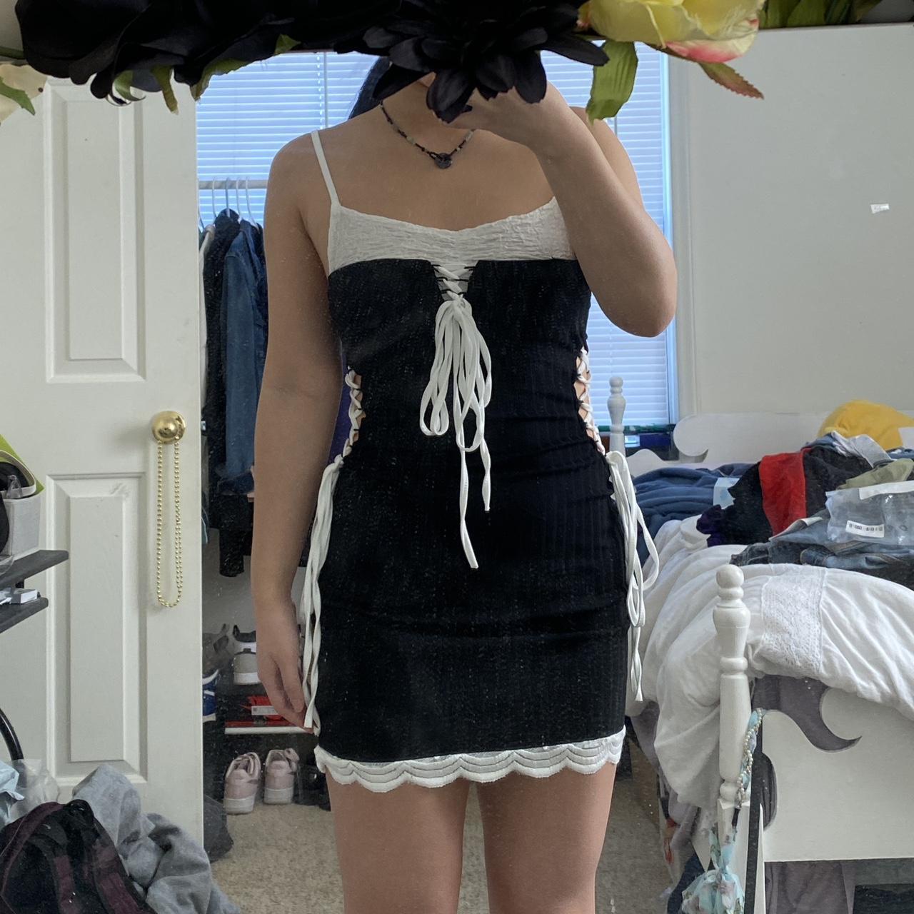 Lace up tie black and white layered minidress Acubi... - Depop