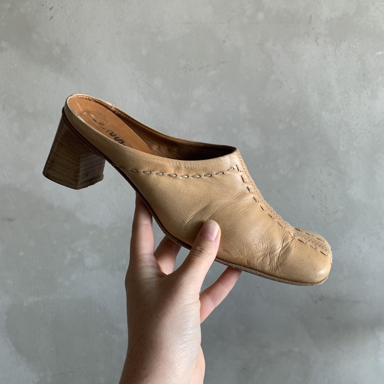 Vintage tan leather square toe mules with contrast... - Depop