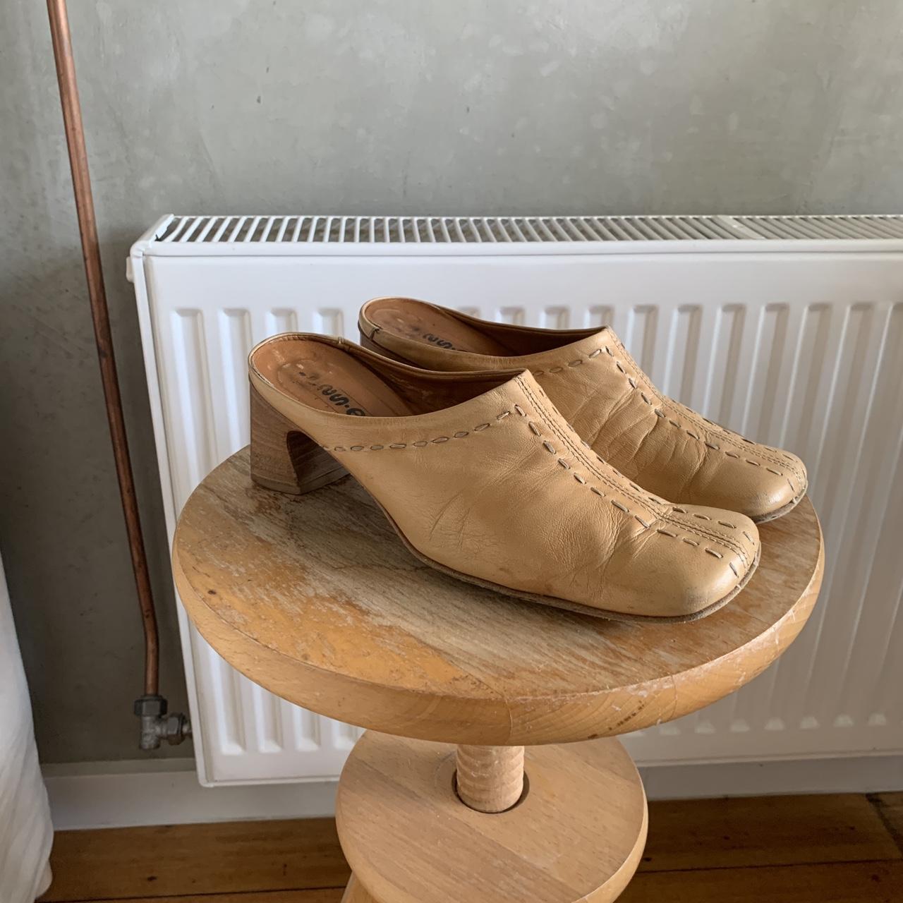 Vintage tan leather square toe mules with contrast... - Depop
