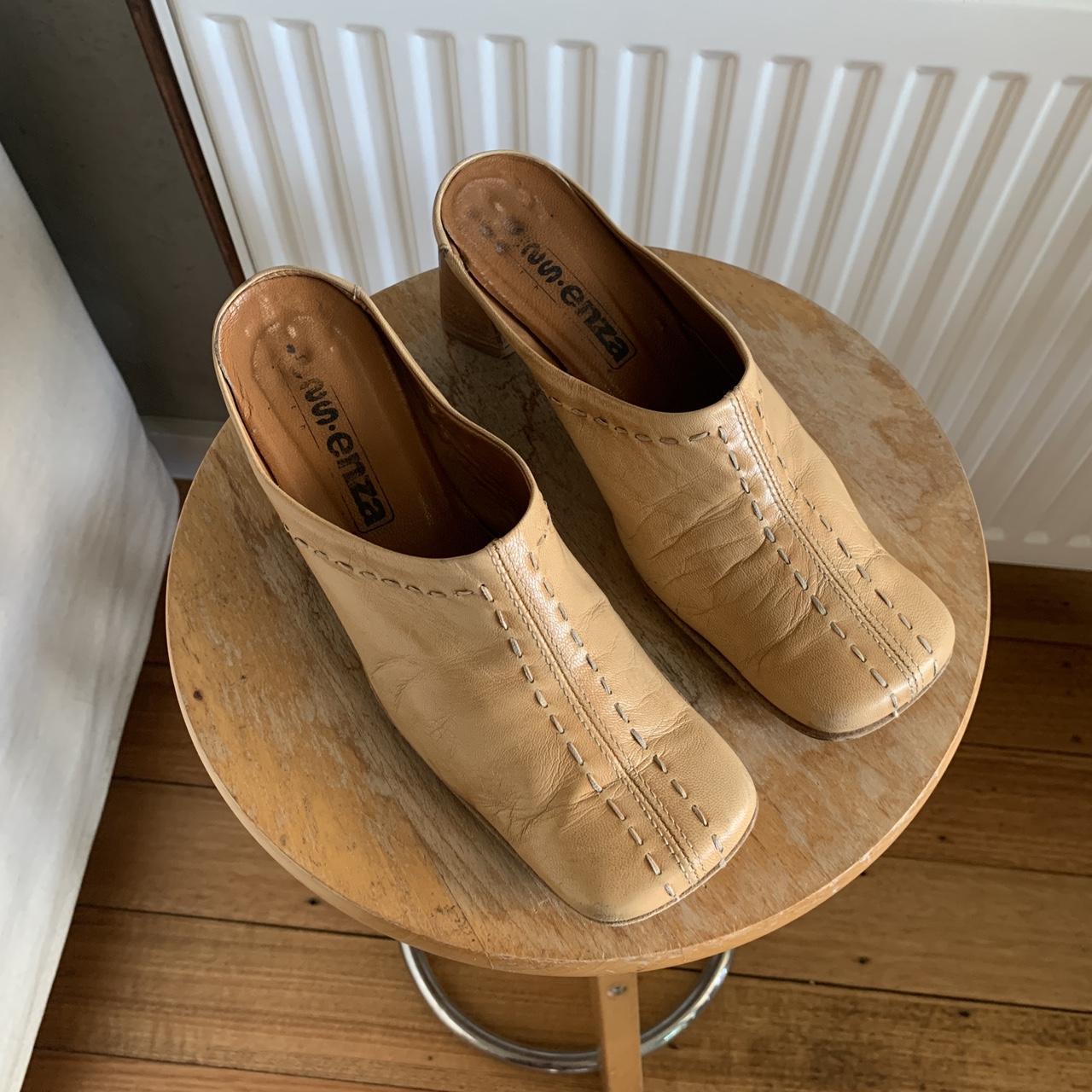 Vintage tan leather square toe mules with contrast... - Depop