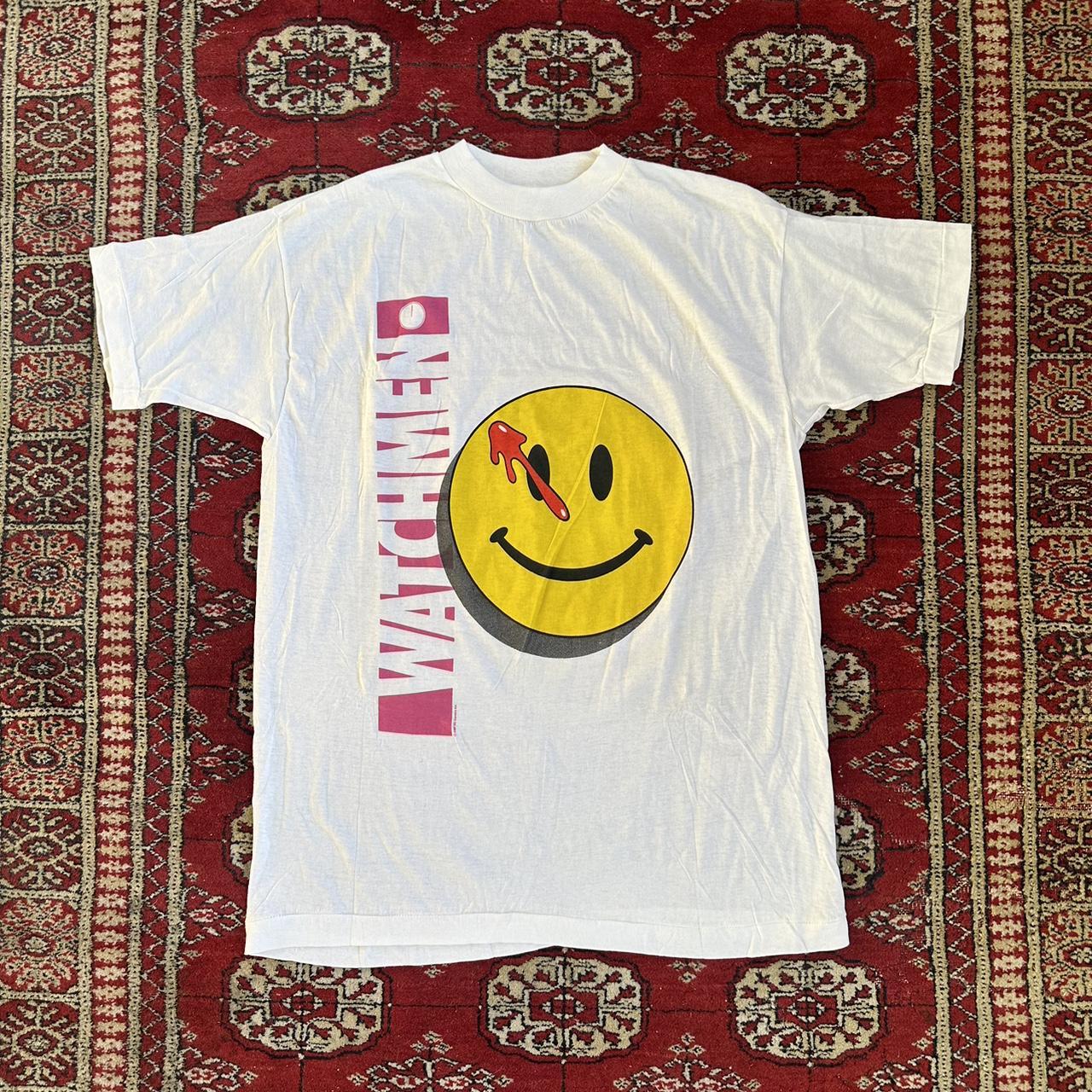 Vintage watchmen DC comic smiley face shirt 1987 DC... - Depop