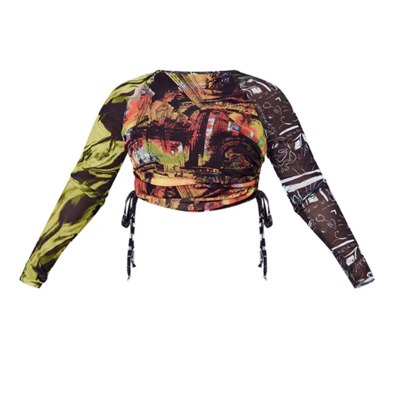 Plus Multi Abstract Print Ruched Mesh Crop Top - Depop