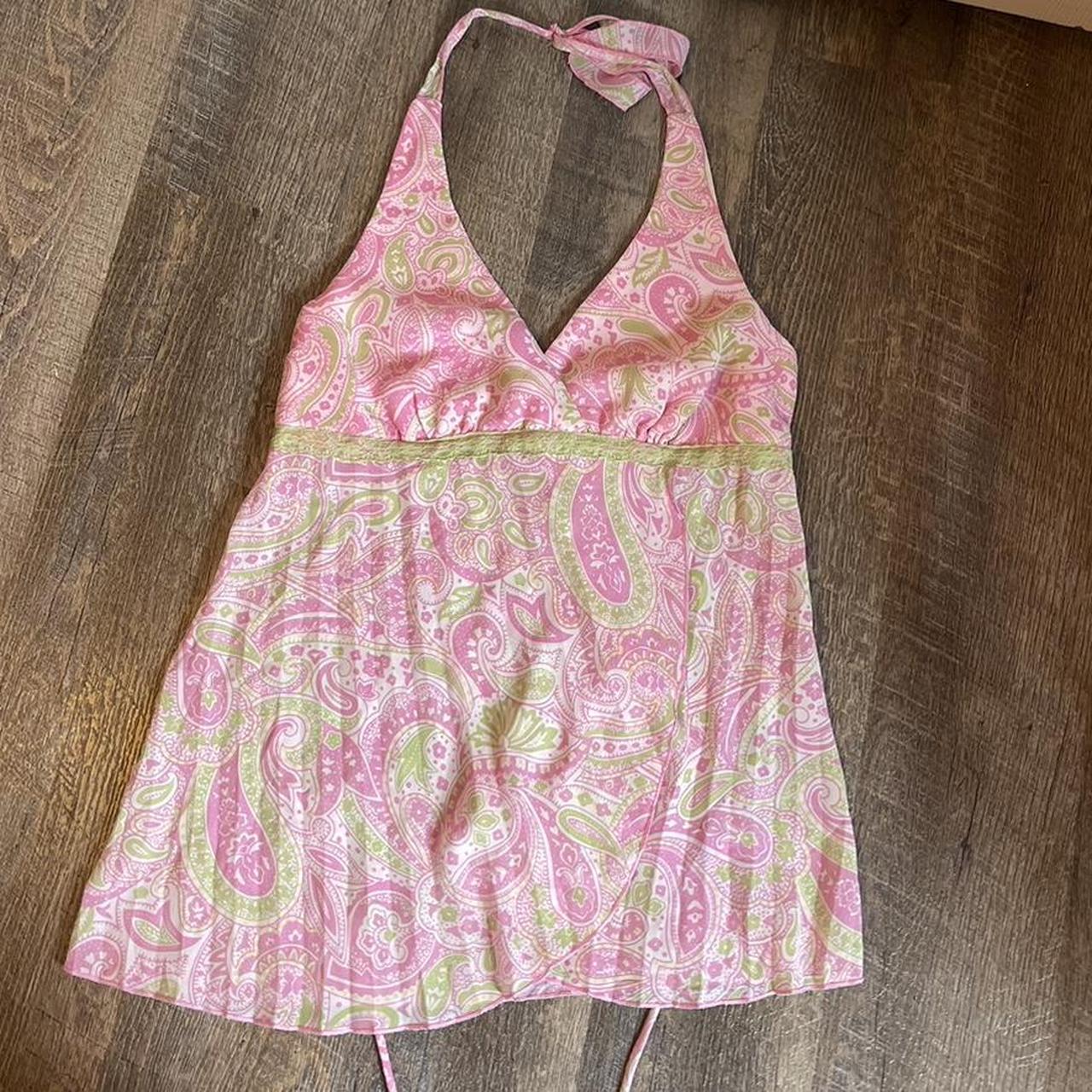 y2k pink and green halter flowy top has no stretch... - Depop