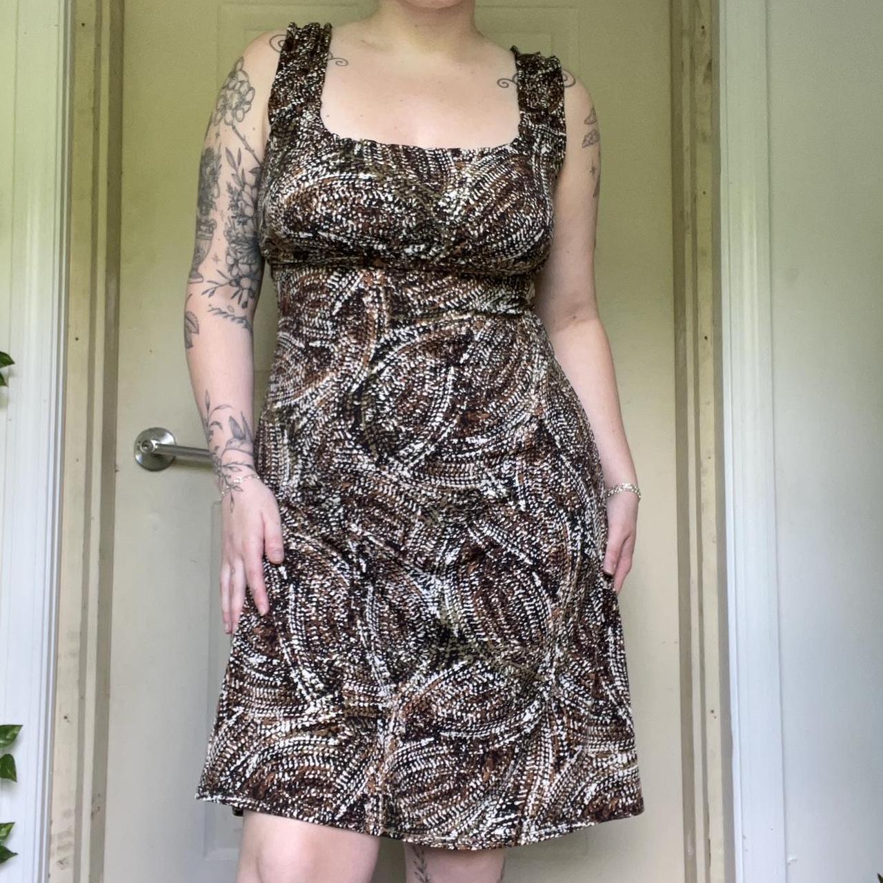 axcess black white and brown patterned dress size... - Depop
