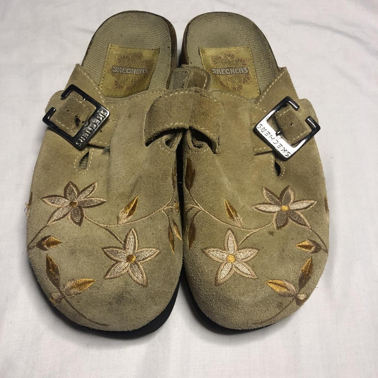 skechers clogs tan color with flower embroidery.... - Depop