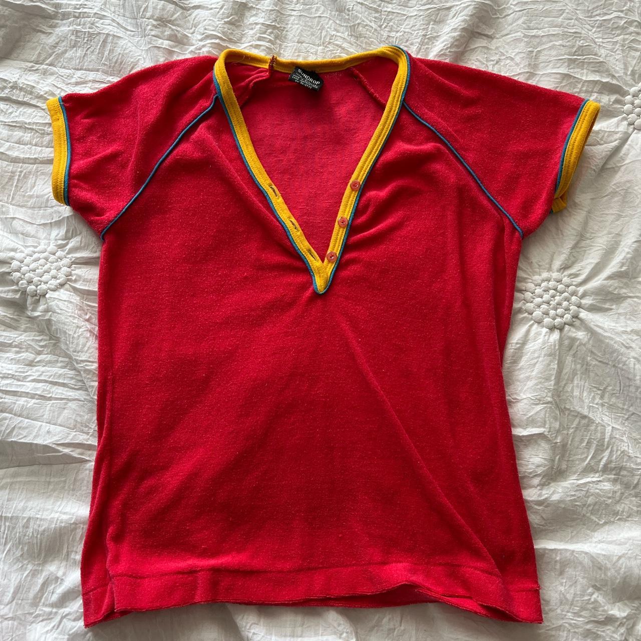 -2000’s colorful terry cloth tee! Fits more like a... - Depop