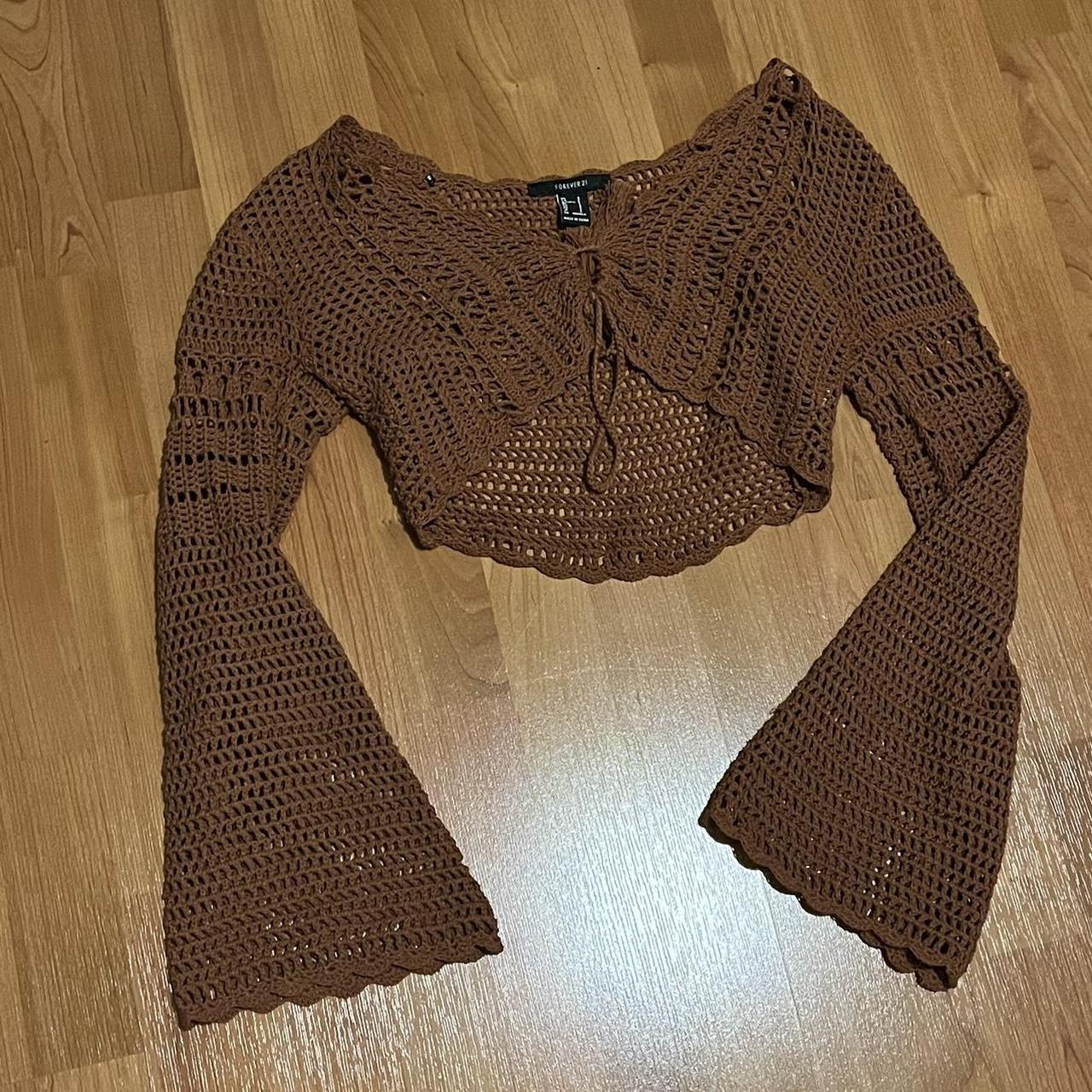 earthy brown crochet crop top. bell sleeve - Depop