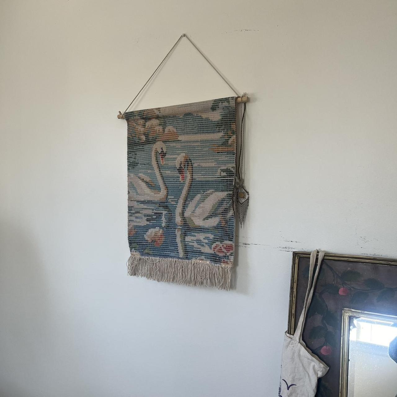 embroidered tapestry featuring swans in a pond with... | Depop