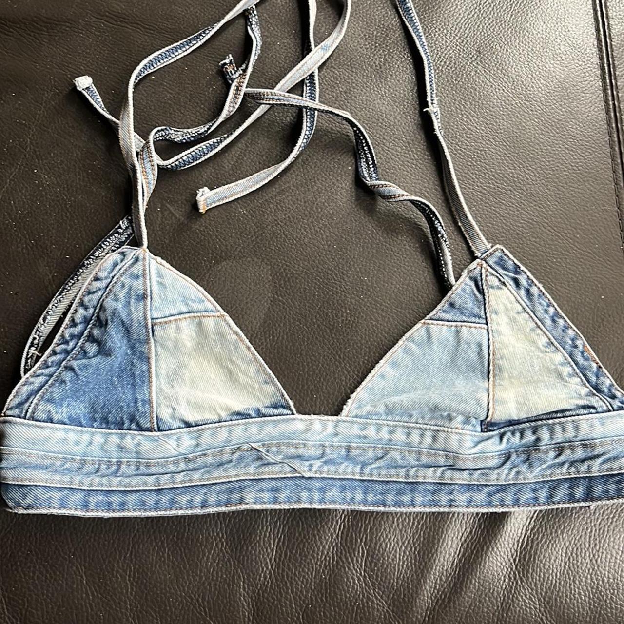 DENIM GOING OUT TOP patch work denim bra #denimtop... - Depop