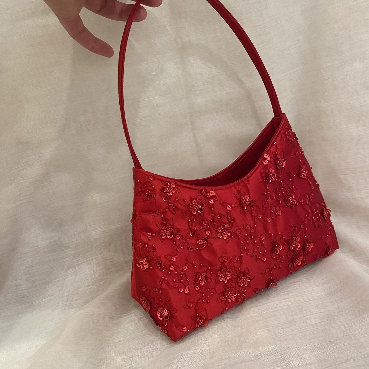 Y2K style red satin small beaded purse. Has an... - Depop