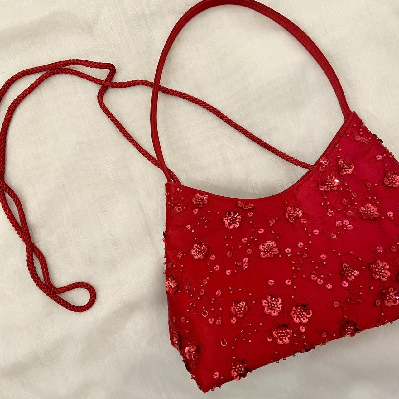 Y2K style red satin small beaded purse. Has an... - Depop
