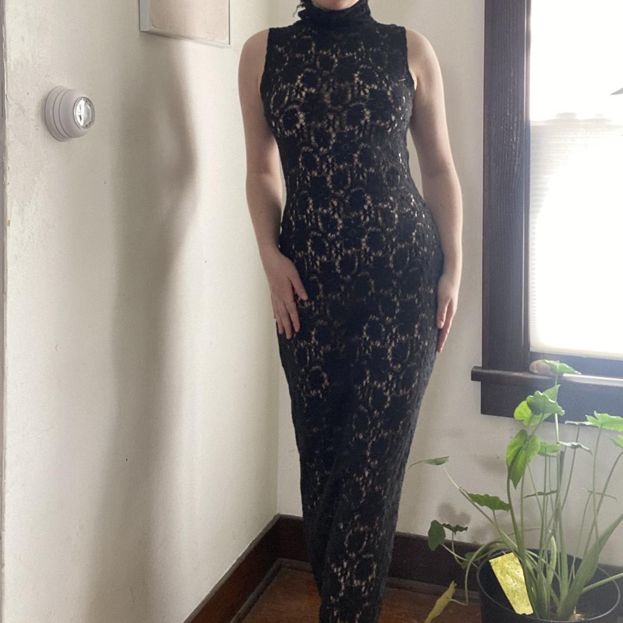 Handmade black sheer floral lace bodycon maxi gown... - Depop