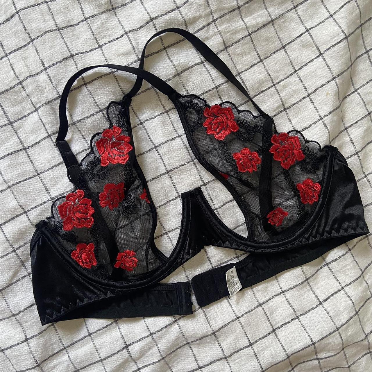 Bustier black rose embroidered sheer bra with... - Depop