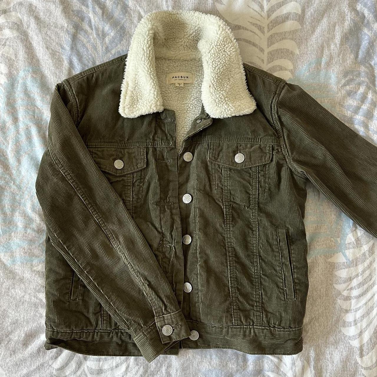 pacsun khaki-colored corduroy fur jacket - Depop