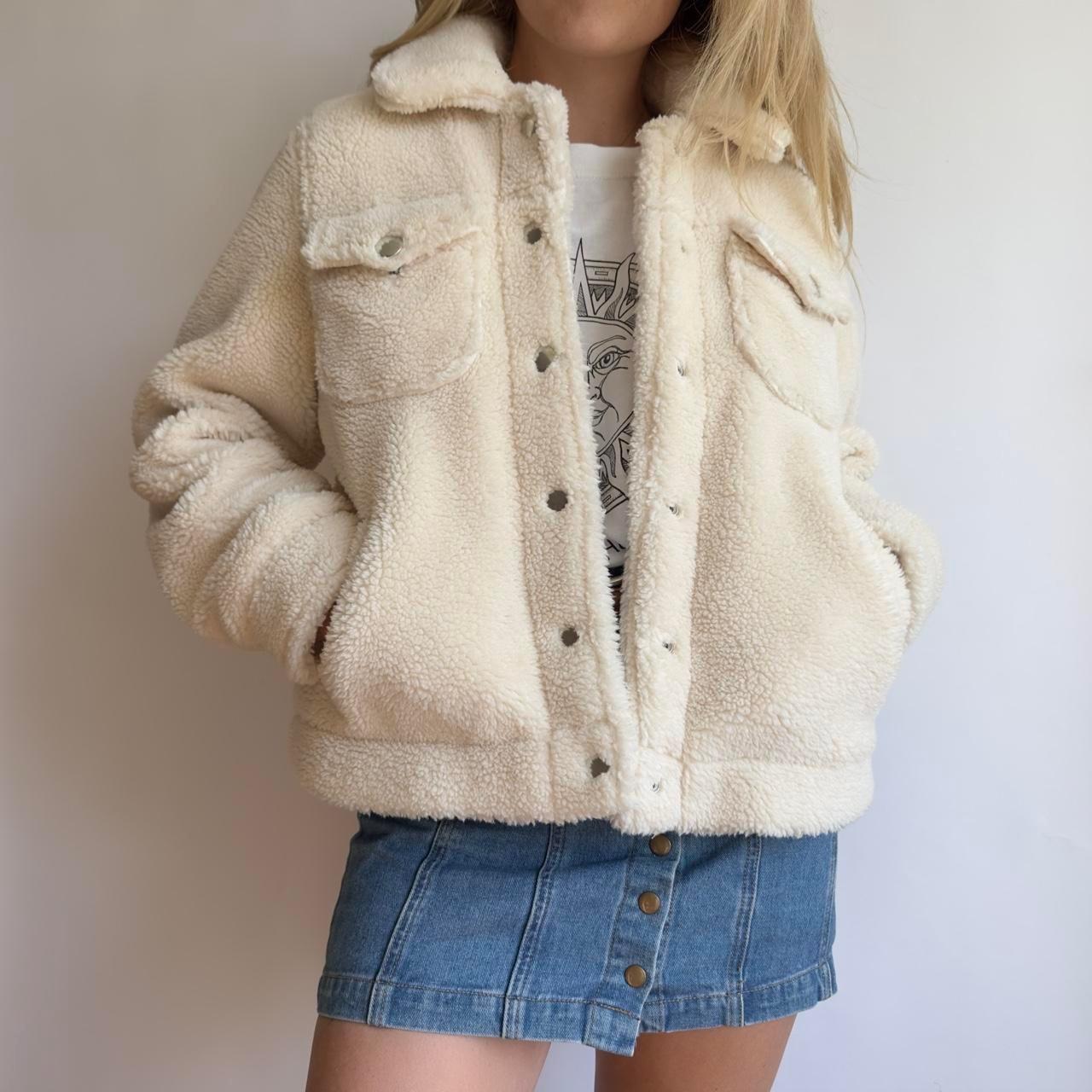 White Fuzzy Teddy Jacket Size medium. Shown on a... - Depop