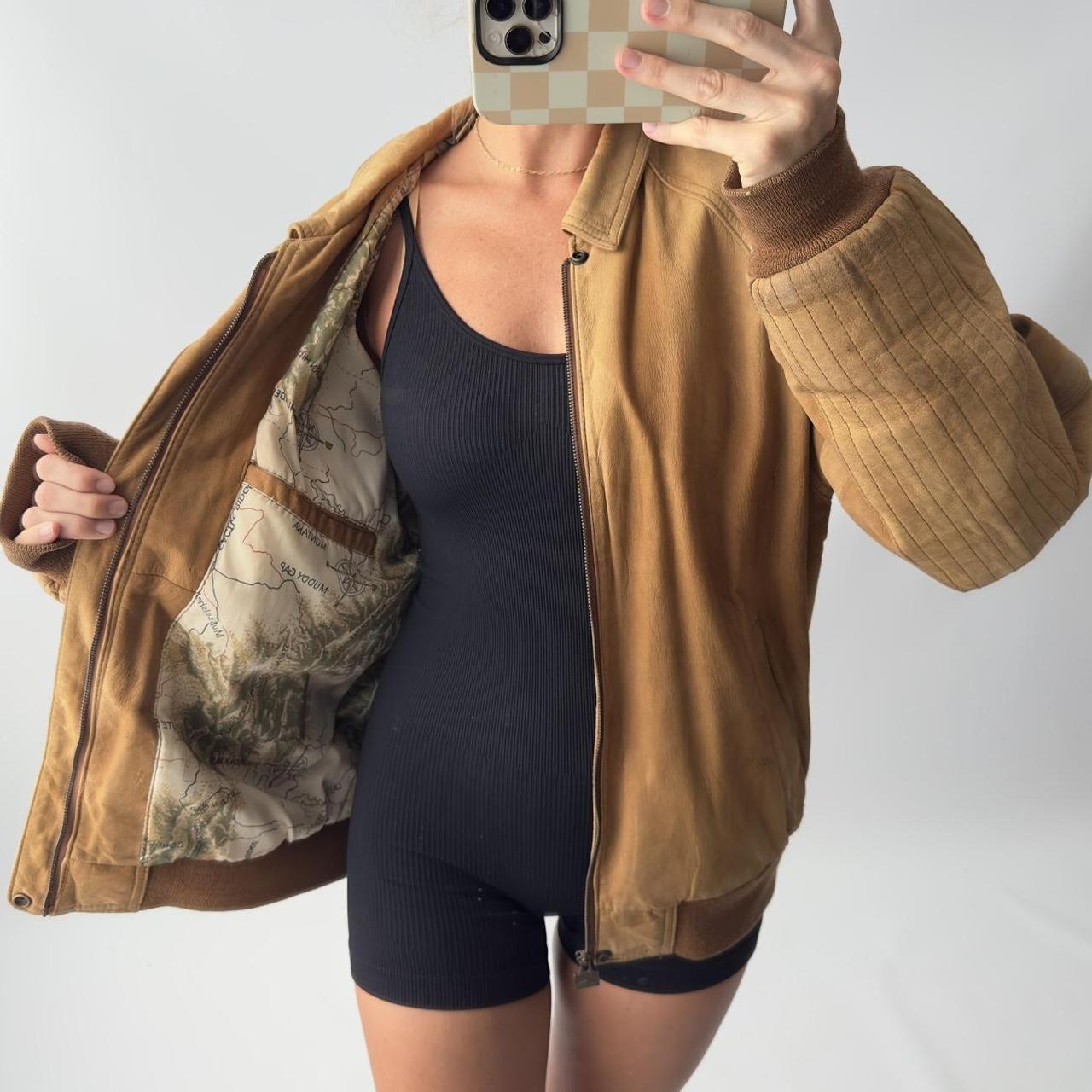 Light tan leather Marlboro map lined vintage jacket... | Depop