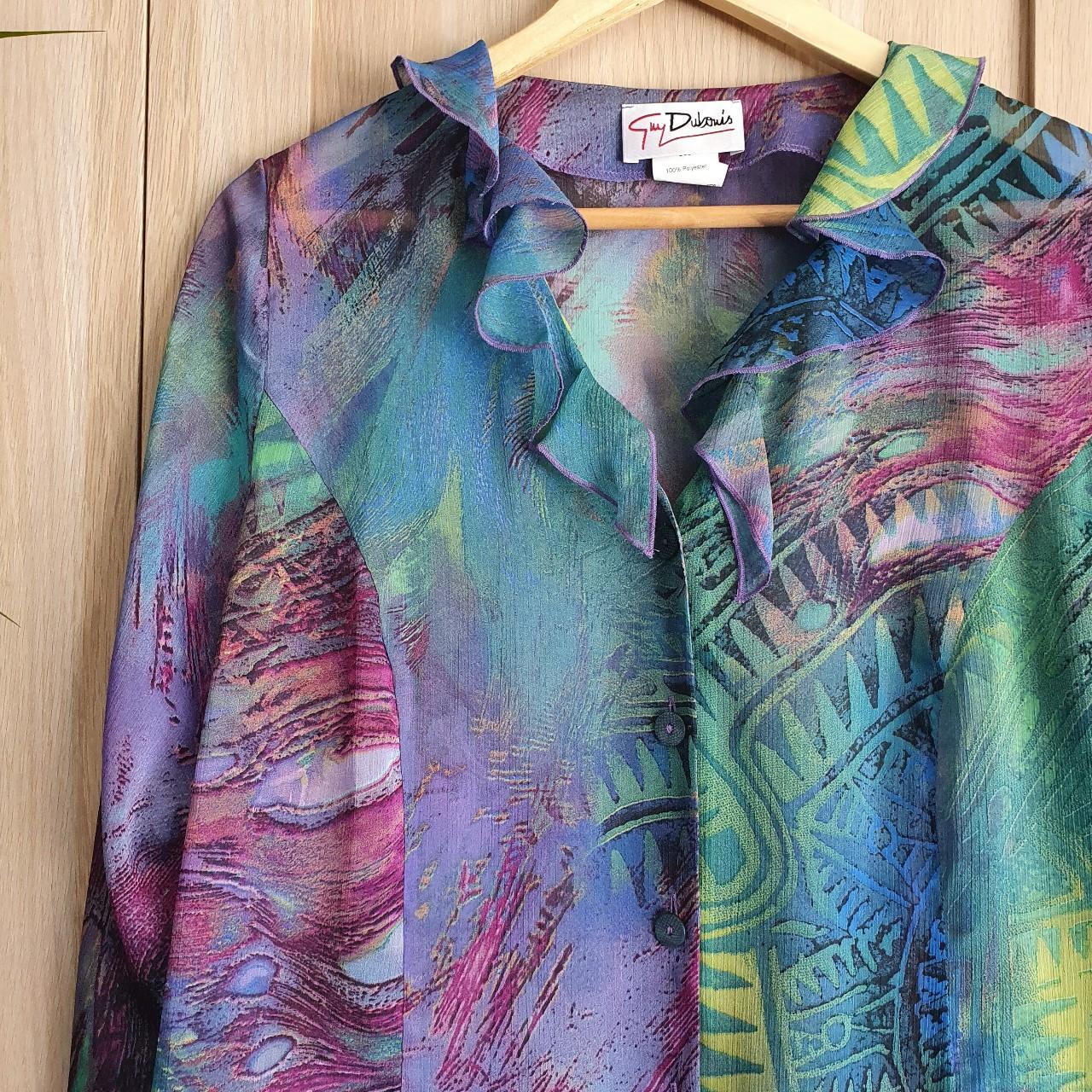 Vintage 90s ruffle crazy print floaty blouse... - Depop
