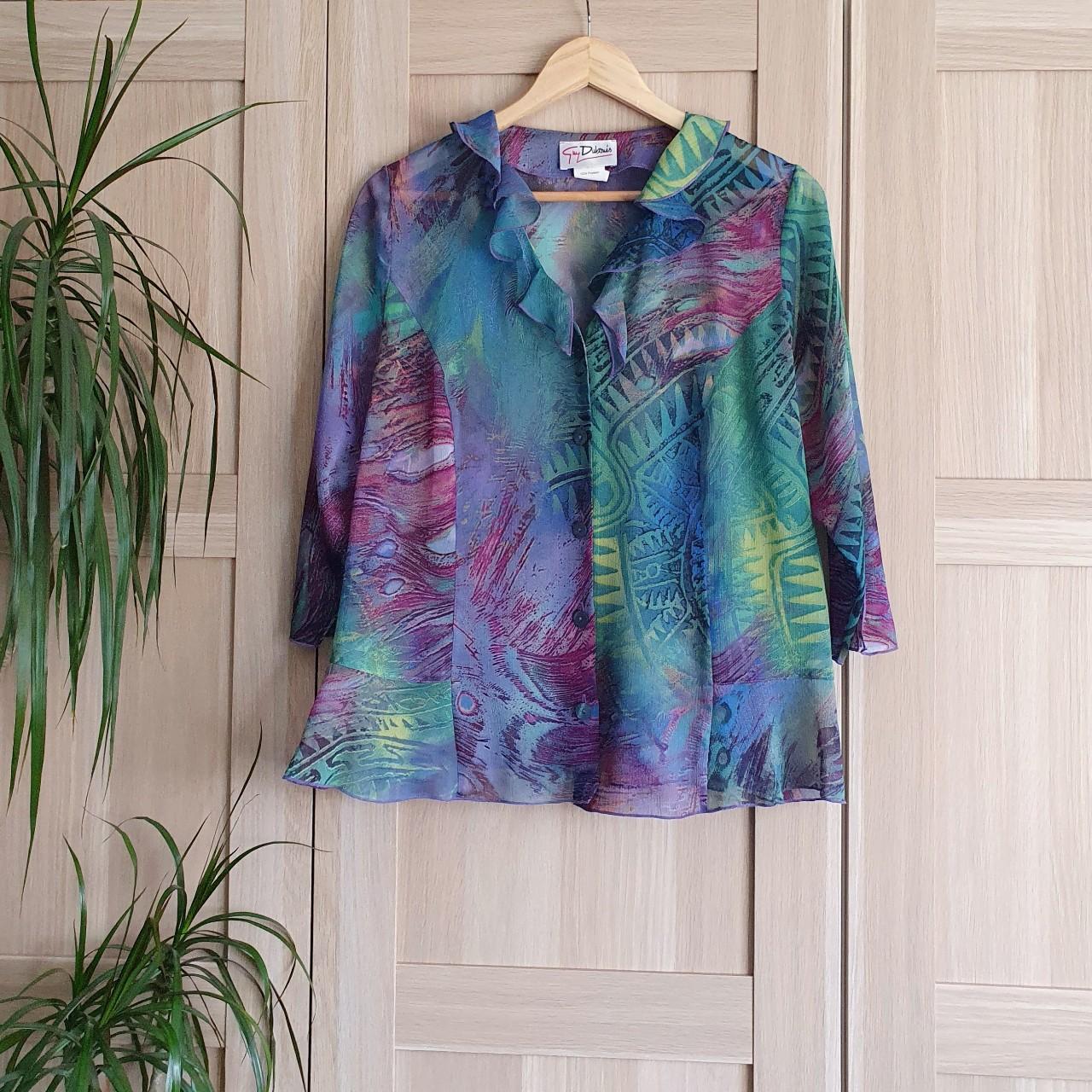 Vintage 90s ruffle crazy print floaty blouse... - Depop