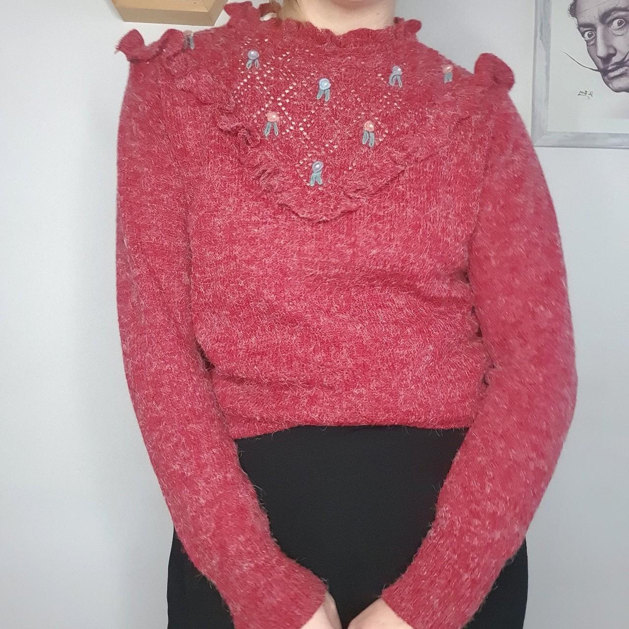 Vintage open knit floral embroidered ruffle jumper... - Depop