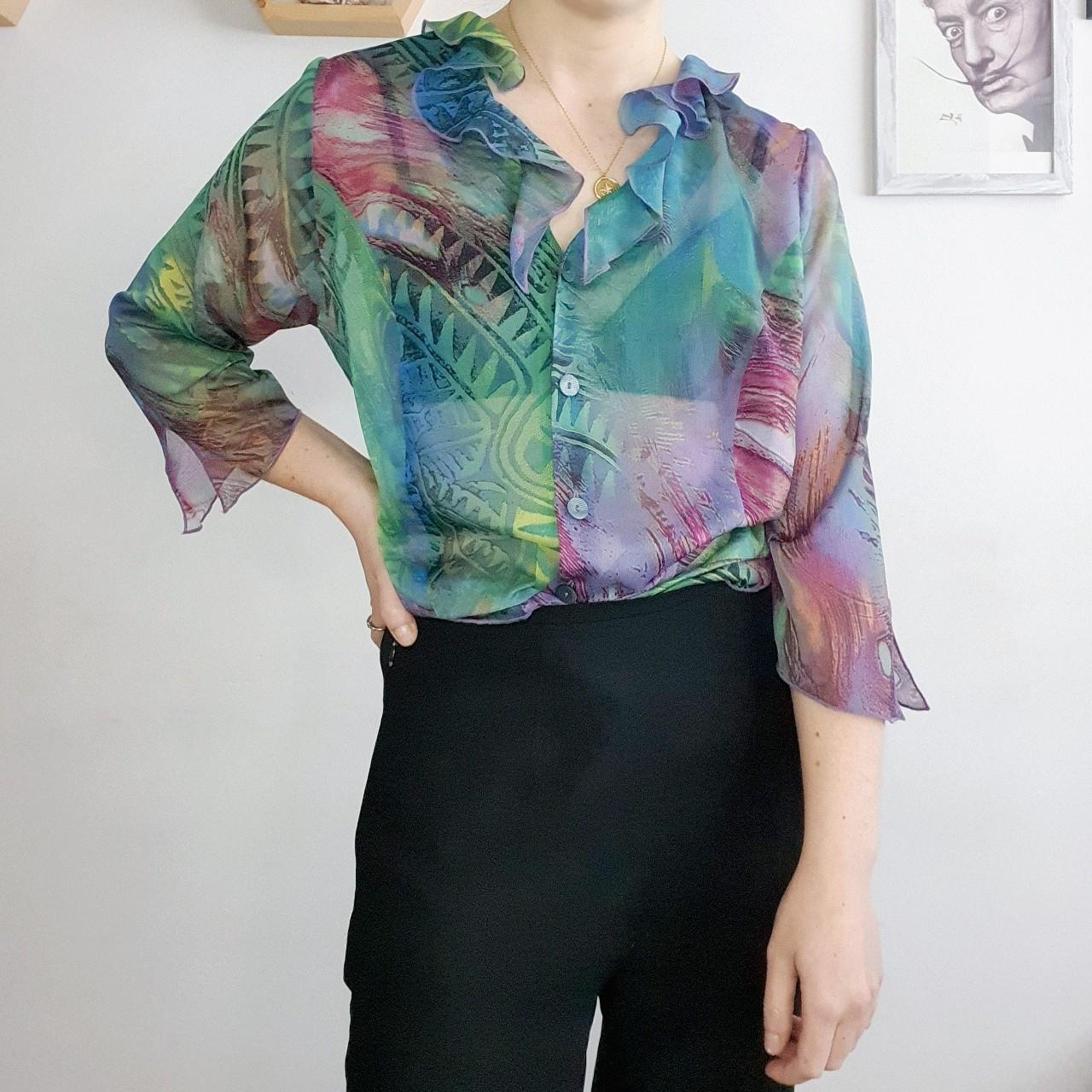 Vintage 90s ruffle crazy print floaty blouse... - Depop