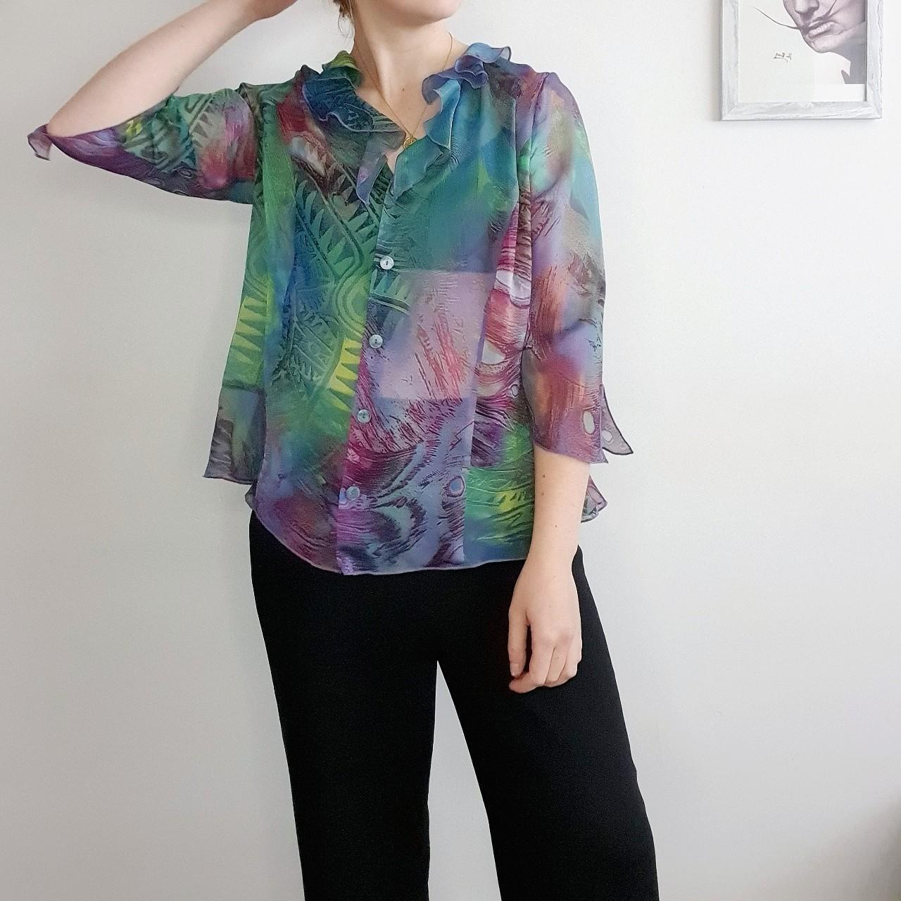 Vintage 90s ruffle crazy print floaty blouse... - Depop