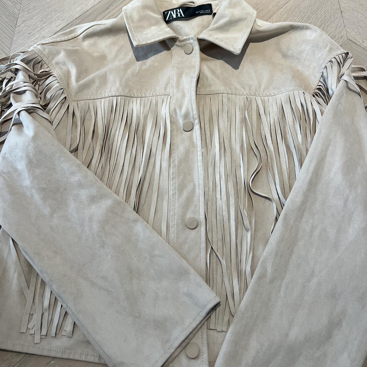 faux suede beige fringe cropped Zara jacket #fringe... - Depop