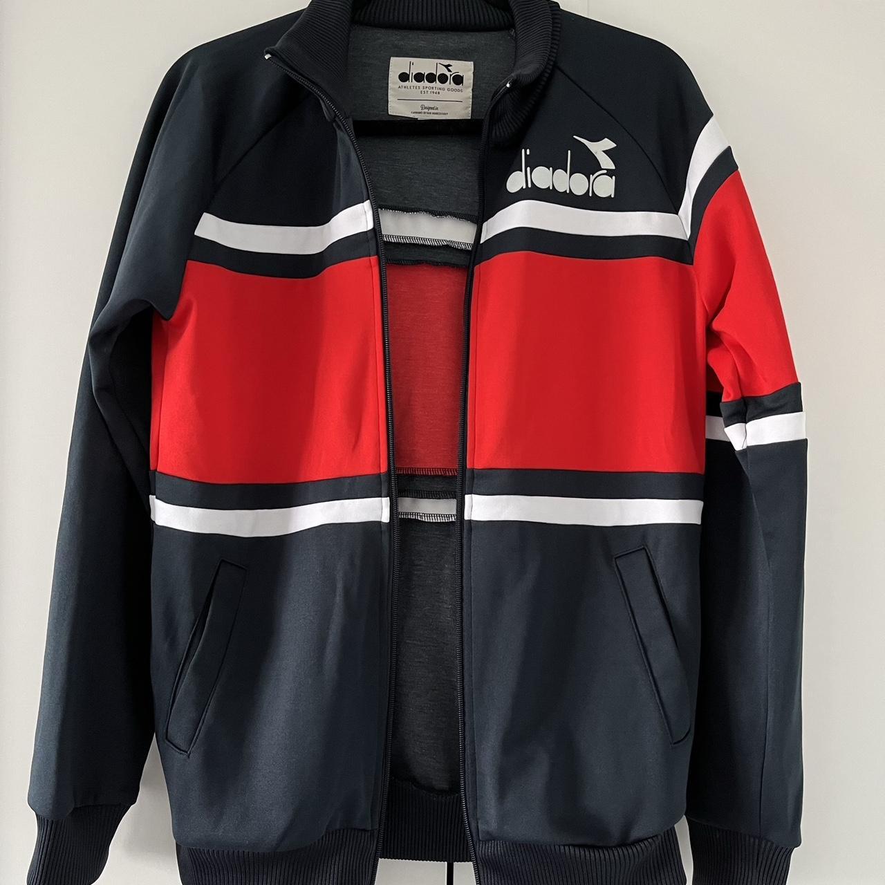 diadora striped zip up sports jacket hardly worn,... - Depop