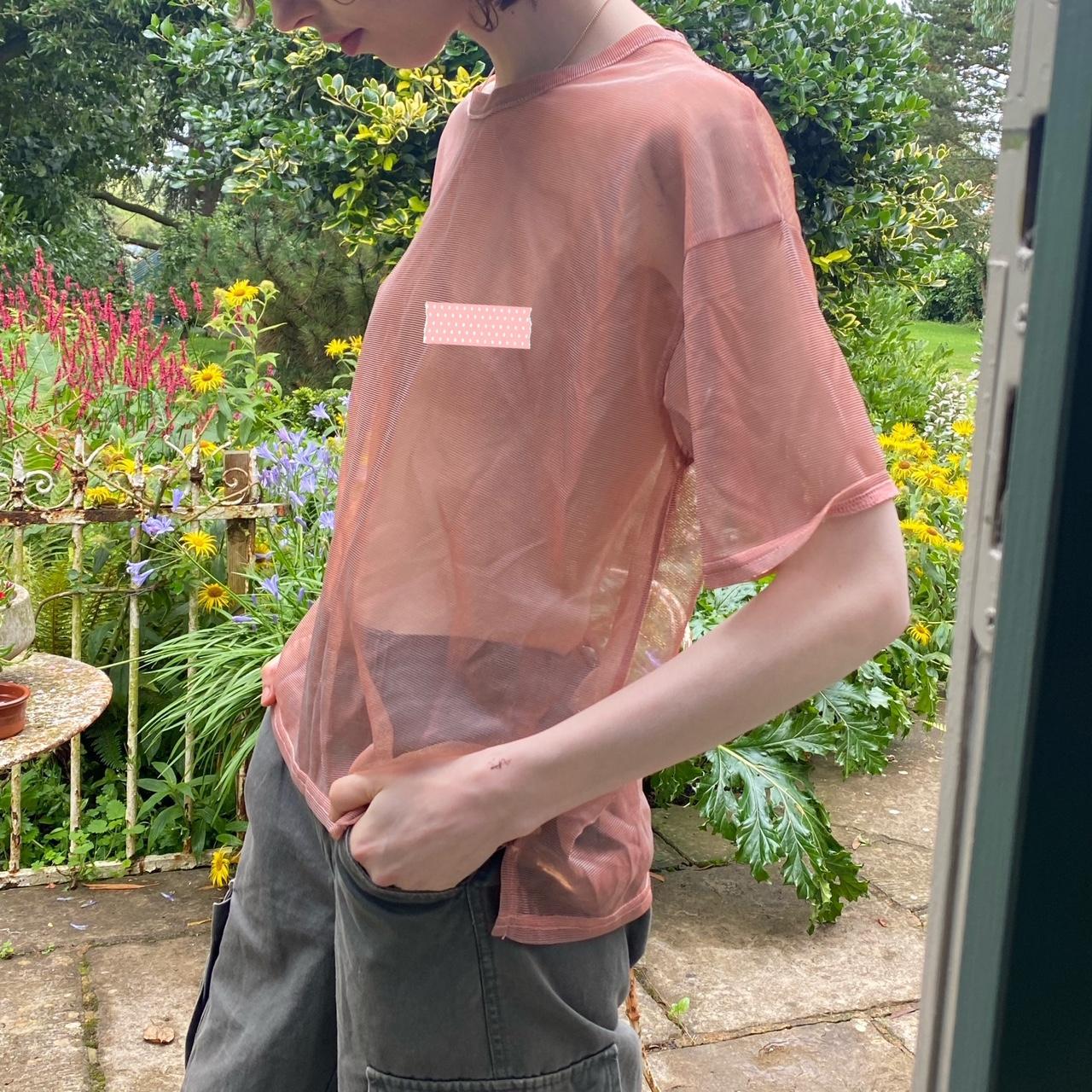 Sheer rose pink sparkly t-shirt. Boxy fit, fine net... - Depop