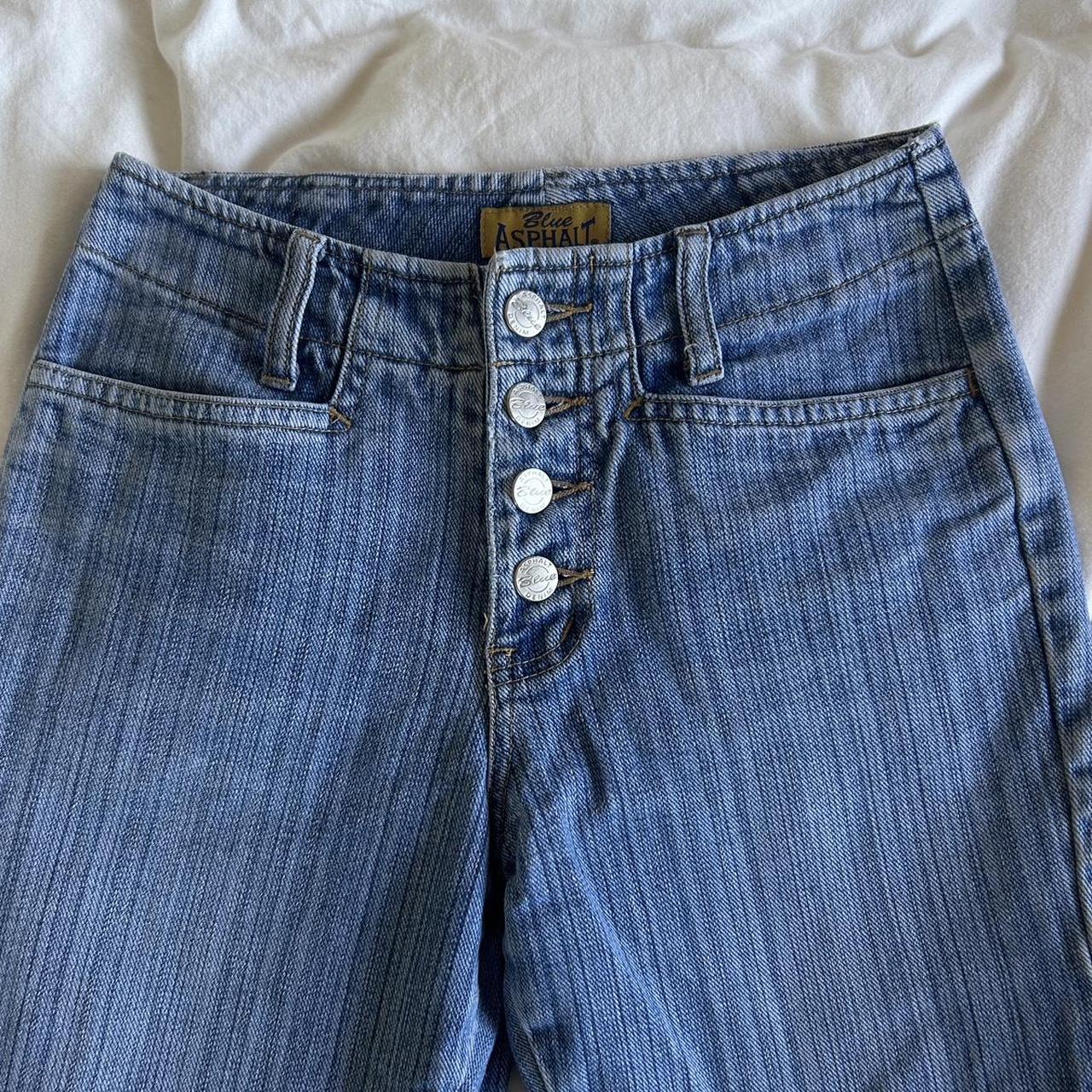 Pinstripe Blue Asphalt bottom up jeans that flare at... - Depop