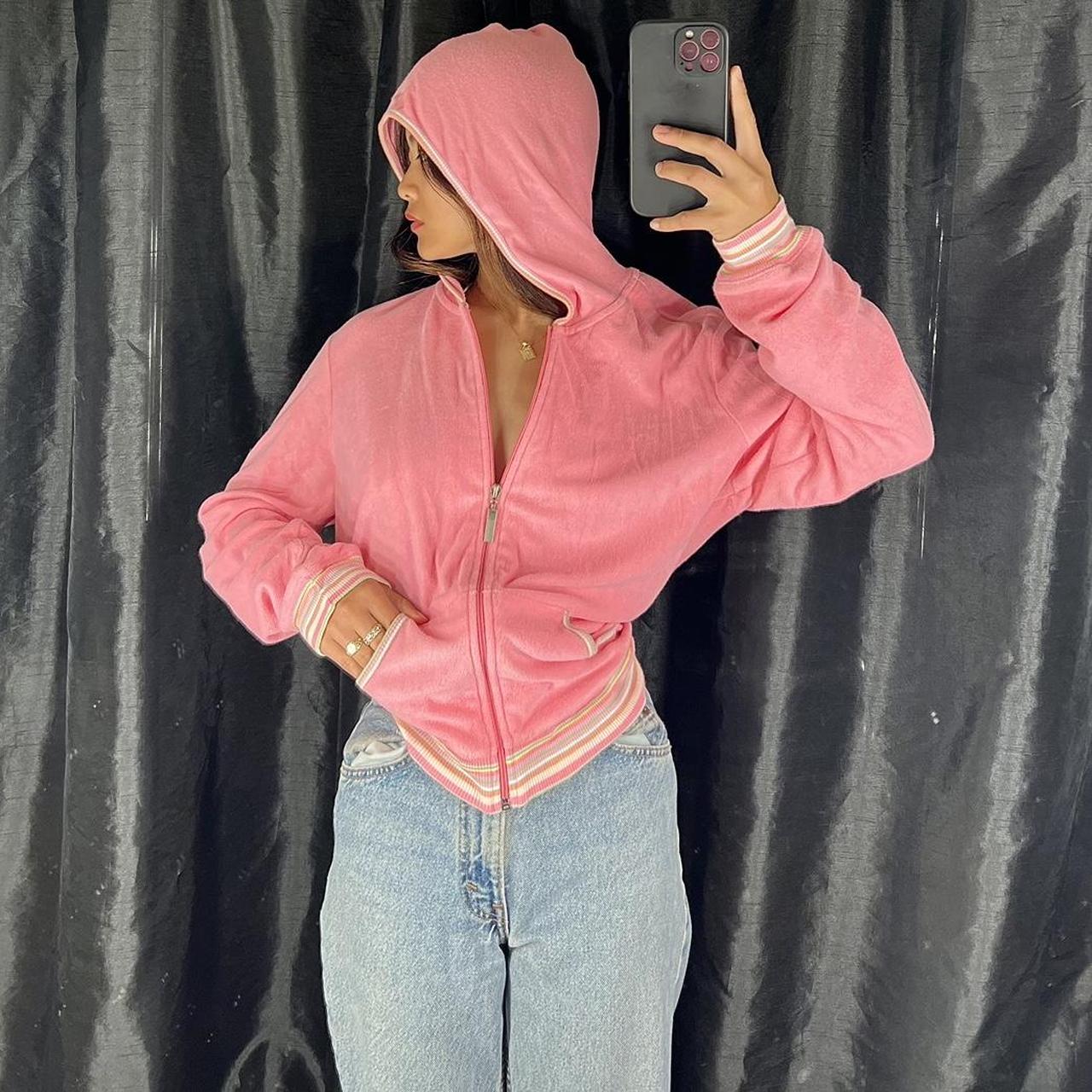 2000s y2k pink terry cloth zip up jacket hoodie /... - Depop