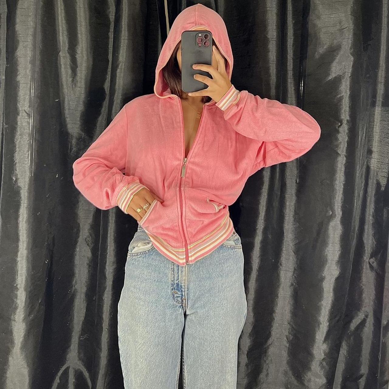 2000s y2k pink terry cloth zip up jacket hoodie /... - Depop