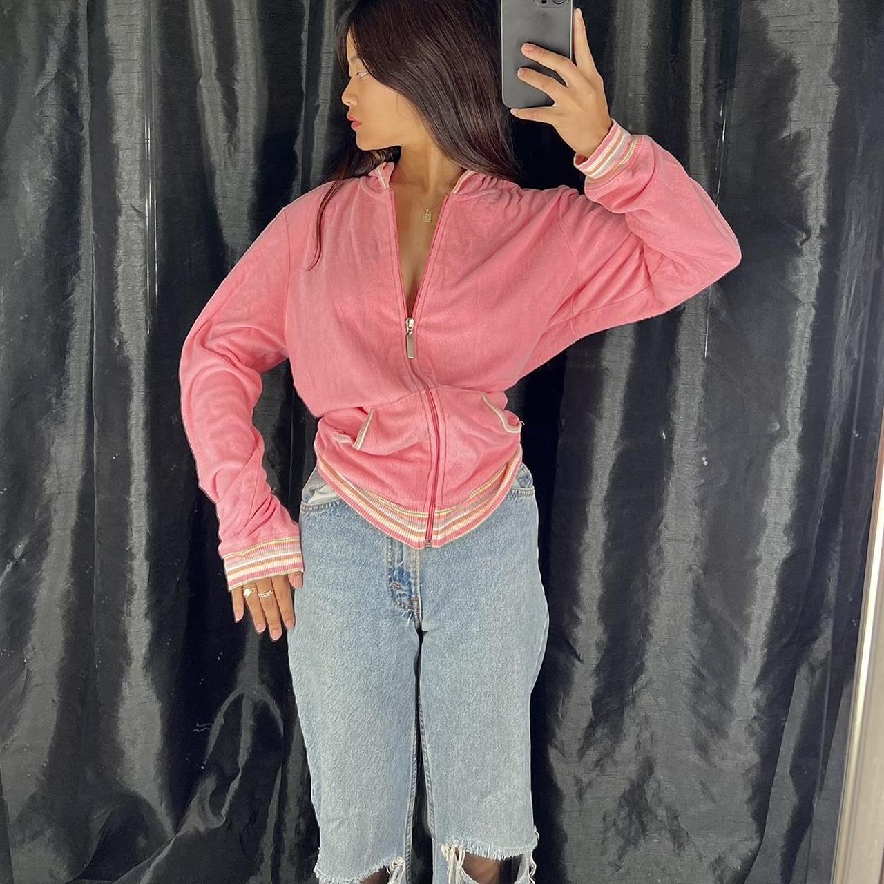 2000s y2k pink terry cloth zip up jacket hoodie /... - Depop