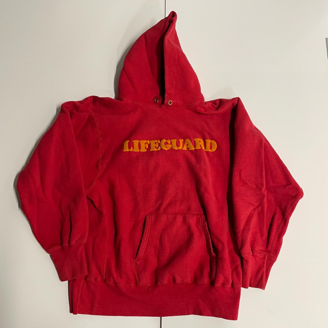 vintage 80s red champion reverse weave lifeguard... | Depop