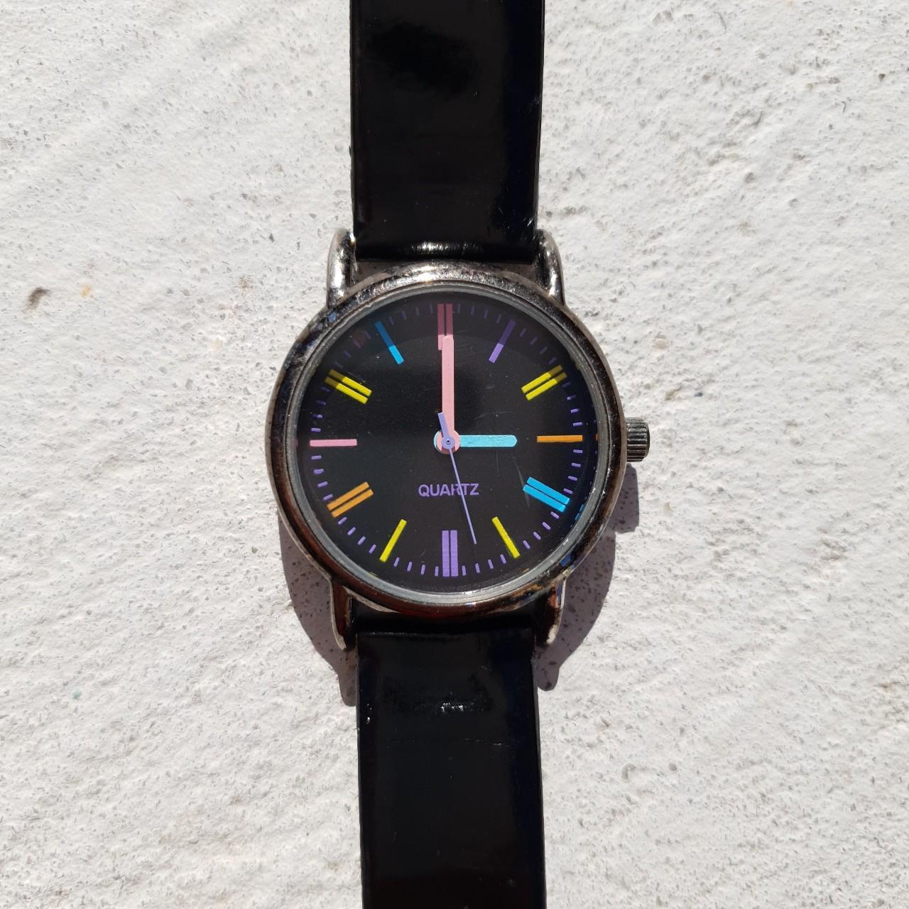 : Black with Rainbow Multi Colour Dial Quartz... - Depop