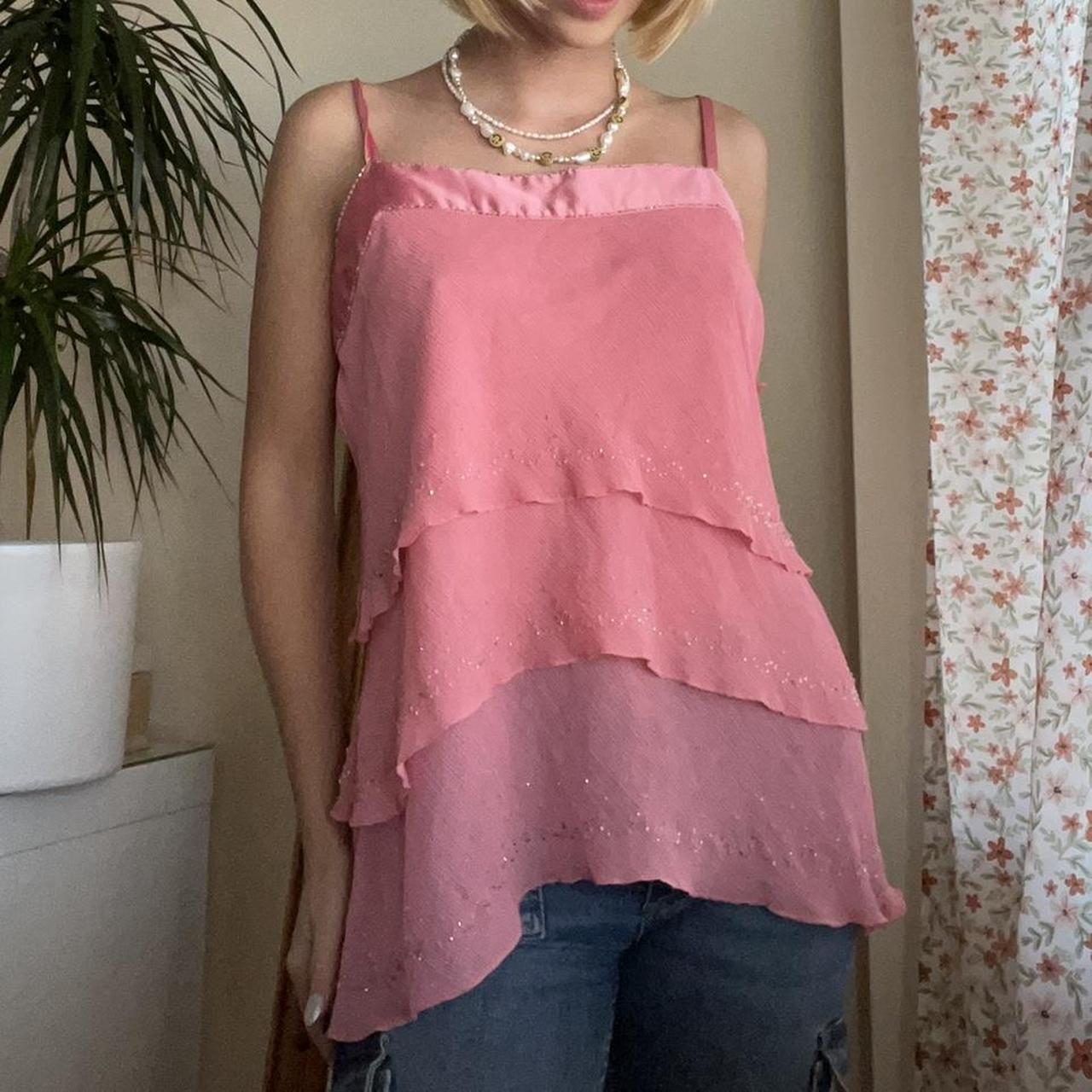 Pink flowy layered mesh cami - Size 14 on tag, but... - Depop