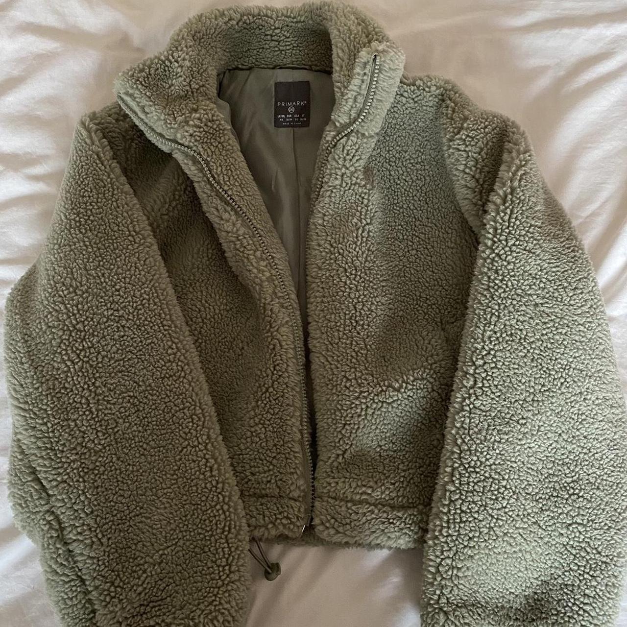 Primark Sage Green Cropped Teddy Jacket in size 2XS... - Depop