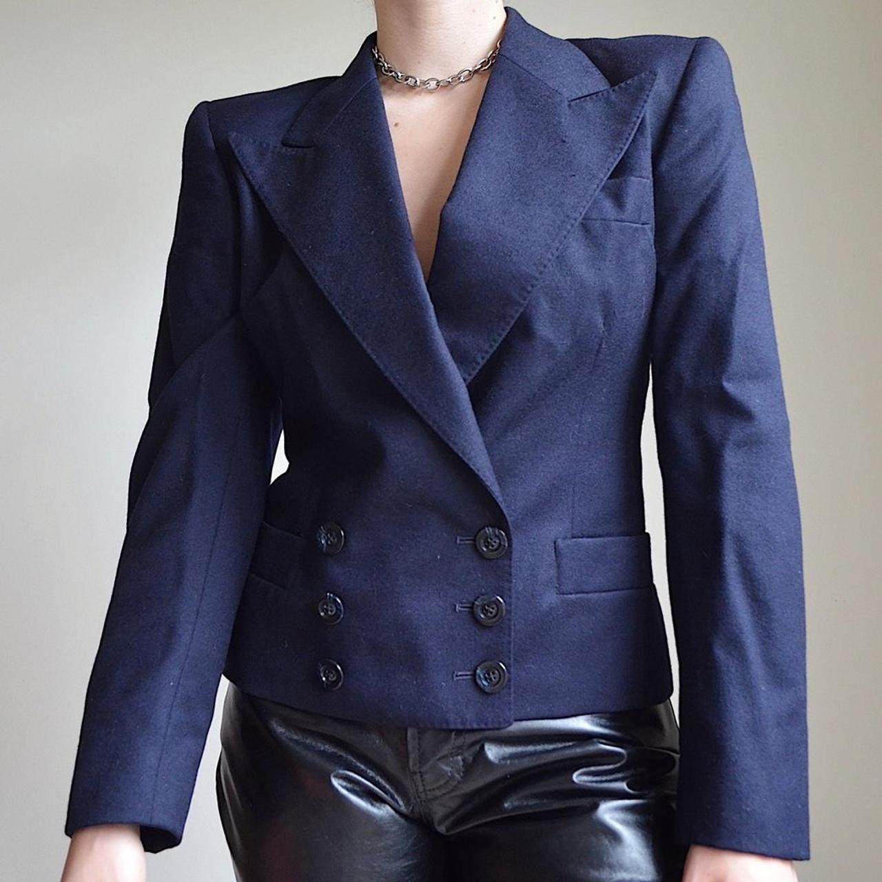 vintage 80s navy blue blazer jacket with winged... - Depop