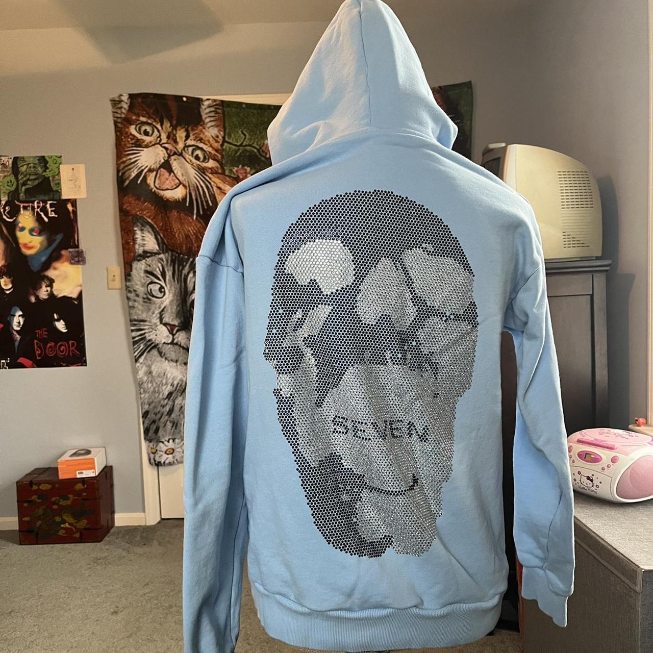seven bedazzled skull hoodie blue “one with memories... - Depop