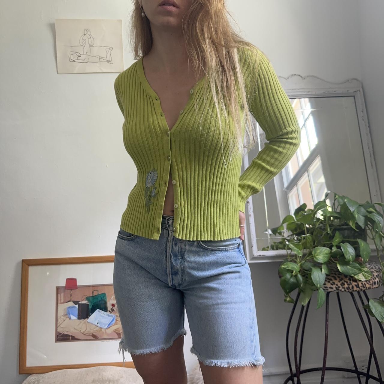 Vintage Lime Ribbed Cardigan Top Size M 90s Y2K... - Depop