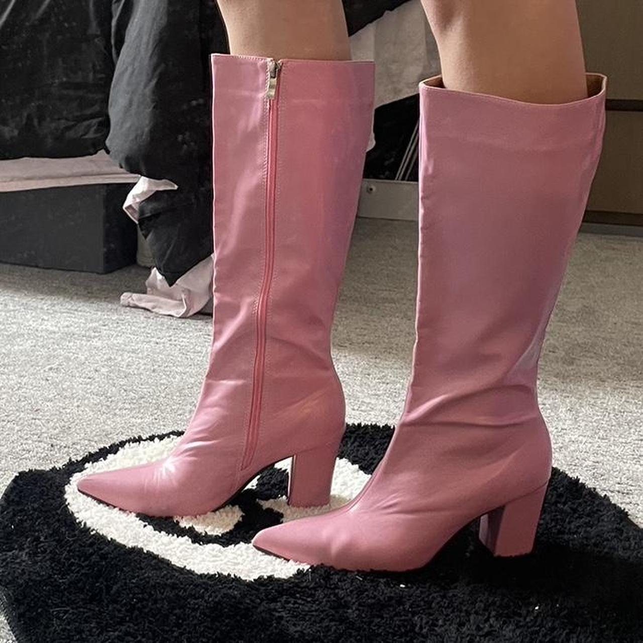 CUTEST faux leather knee-high pink boots Worn... - Depop