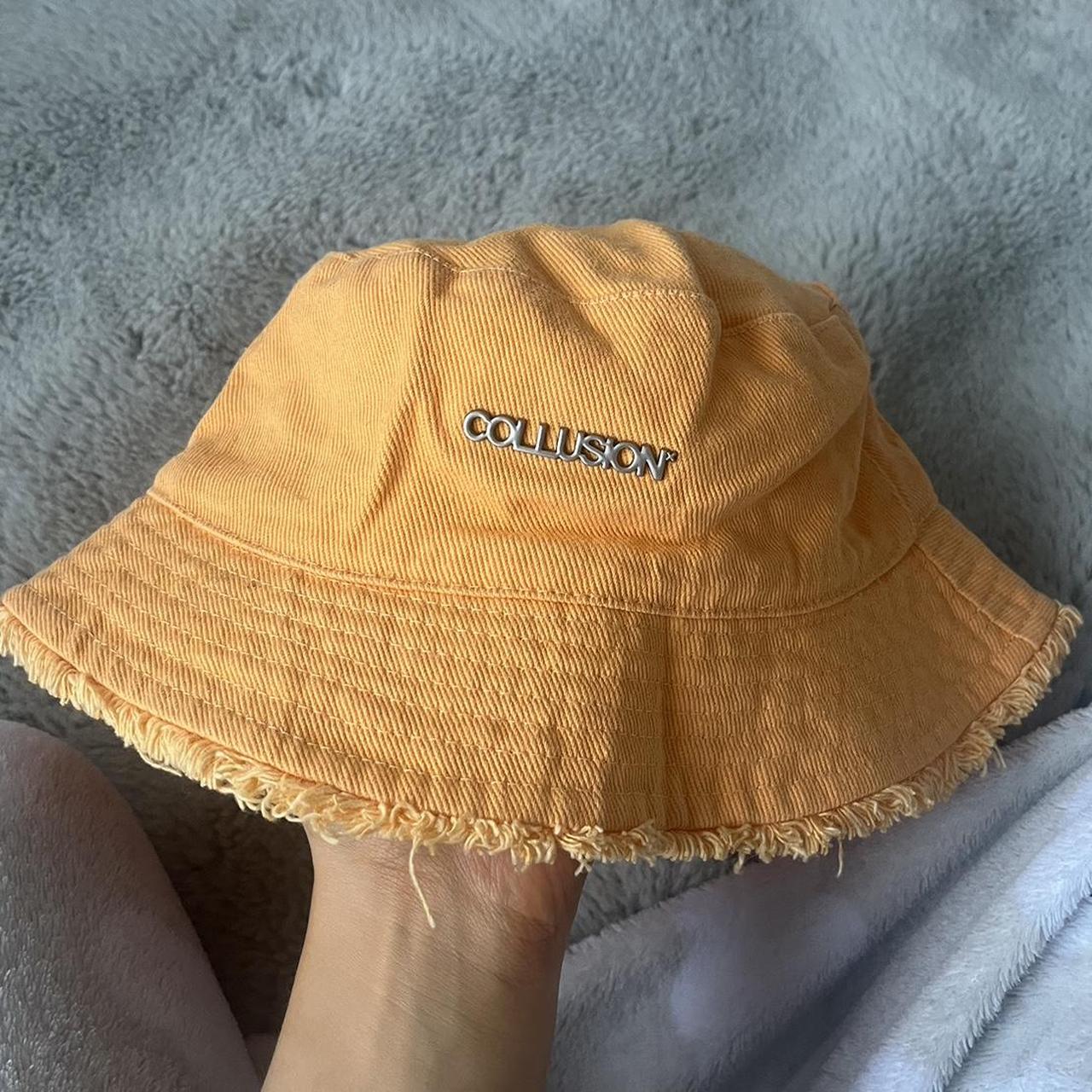 Orange Collusion bucket hat with silver detailing - Depop