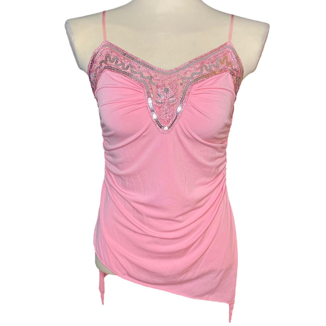 Y2K pink sequin tank top Asymmetrical side hems... - Depop