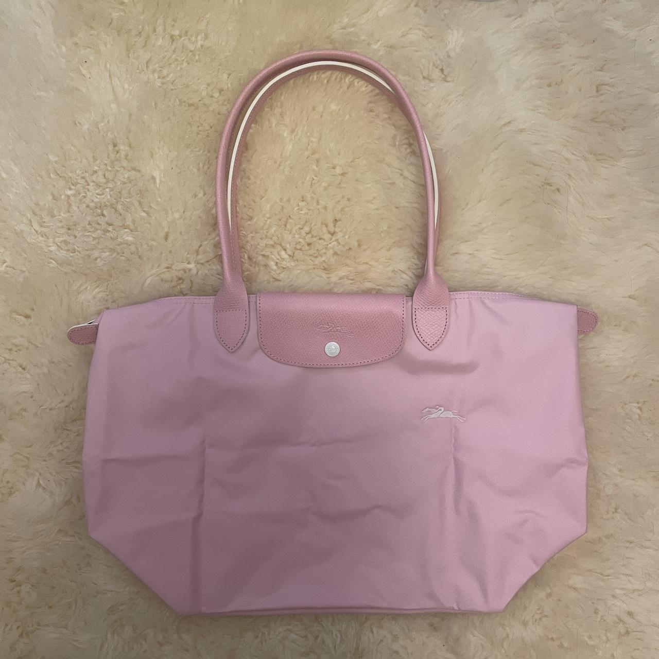 Longchamp Le Pliage Shopping Tote in Pink and white... - Depop