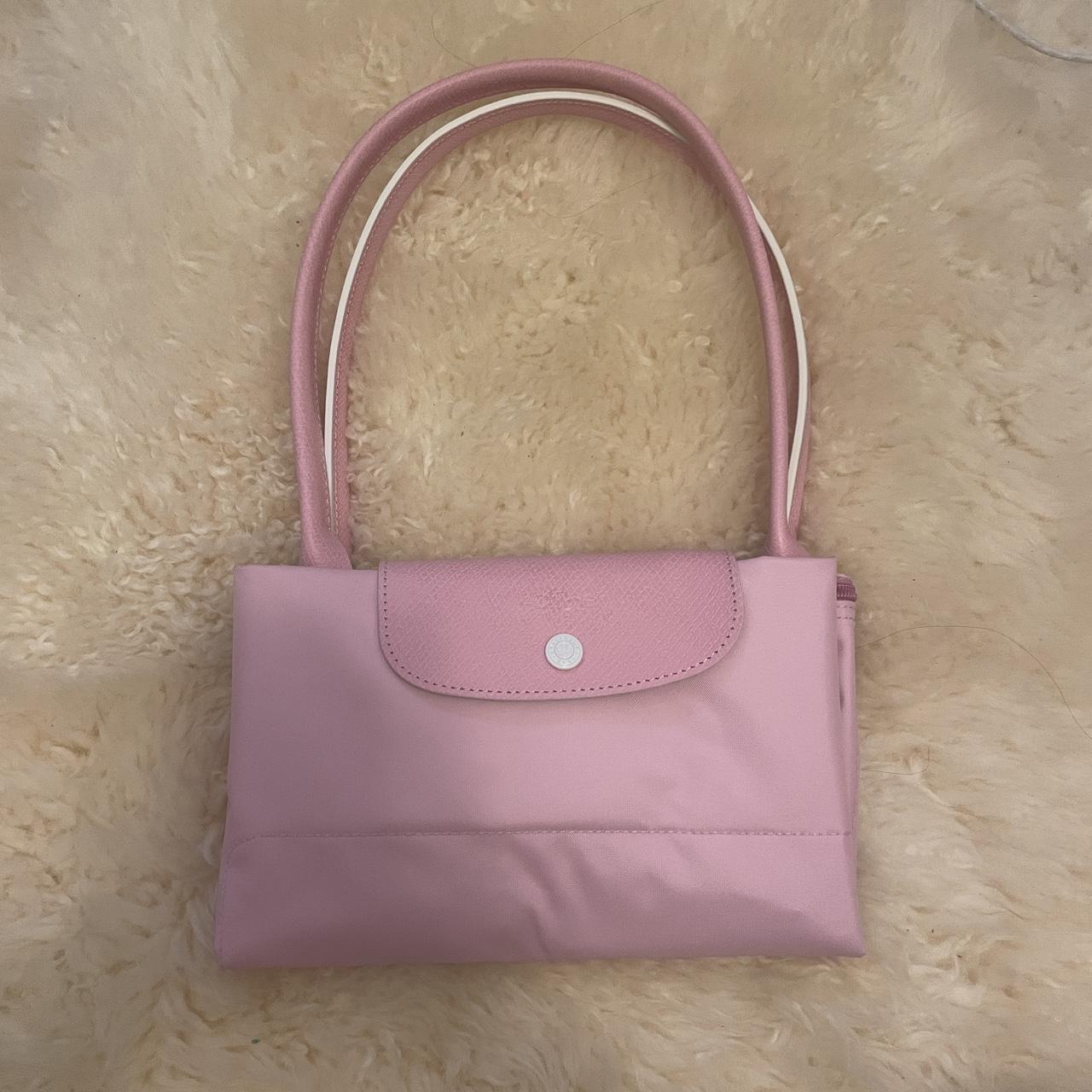 Longchamp Le Pliage Shopping Tote in Pink and white... - Depop