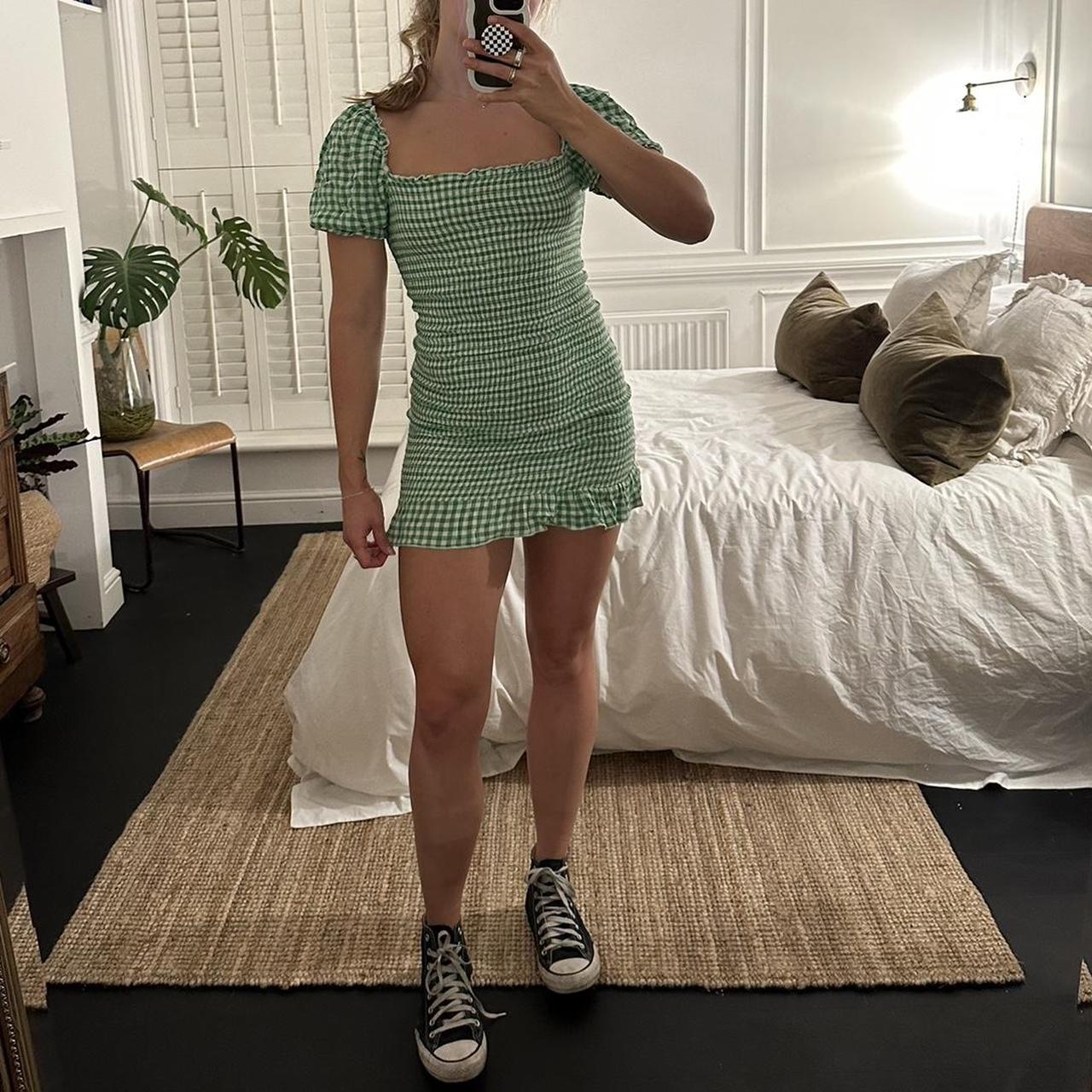 Stradivarius Shirred Mini Milkmaid Dress Green And Depop