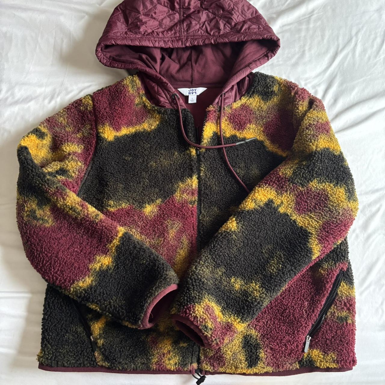 Burgundy/yellow/black patterned sherpa/fleece??... | Depop