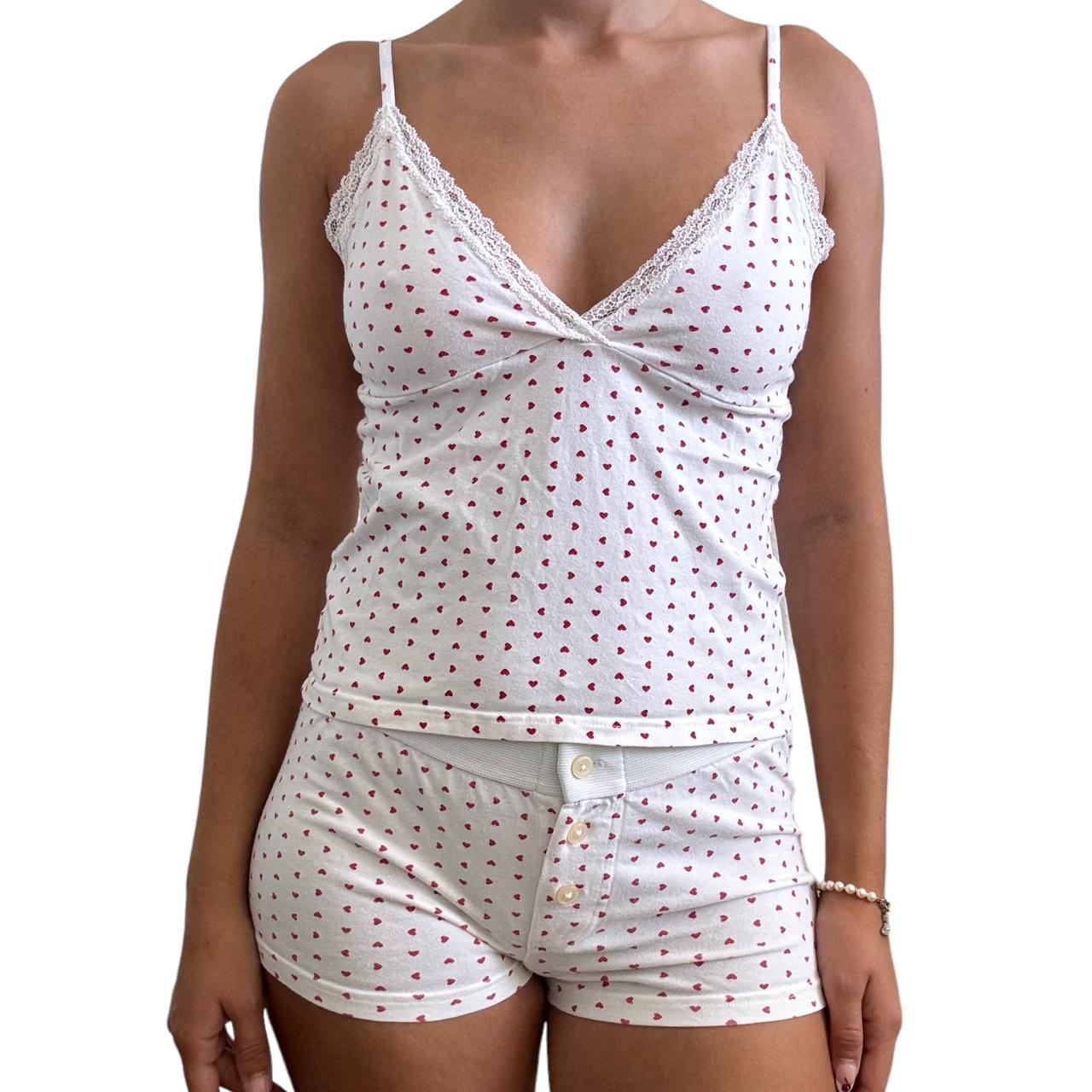 Brandy Melville White PJ Set w/ Red Hearts & Lace 💌... - Depop