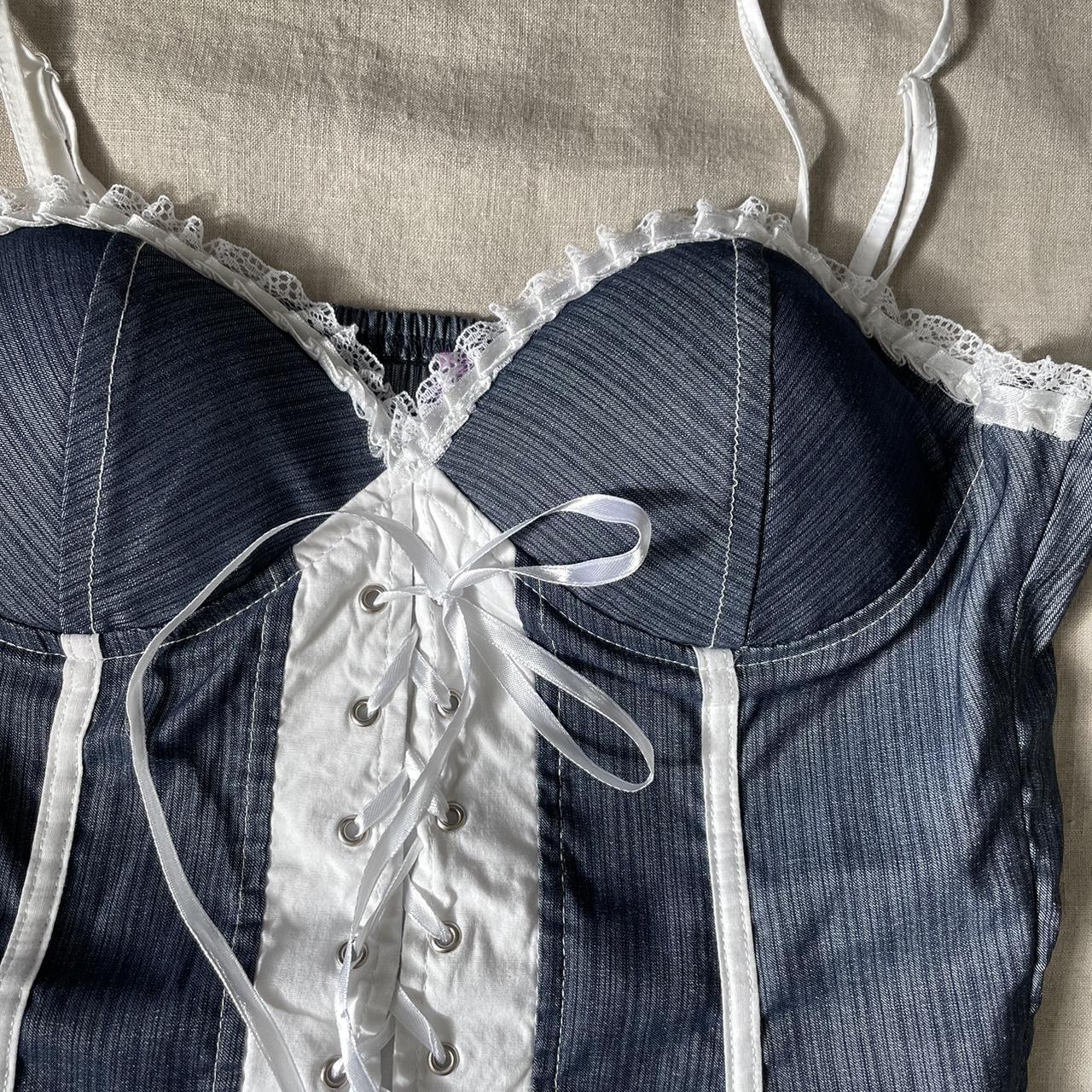 miss sexy indigo denim white prairie bustier corset... - Depop